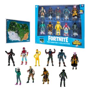 fortnite the chapter 1 collection - ten 4” action figures, featuring recruit (jonesy), black knight, rust lord, the visitor, drift, dj yonder, ice king (gold), peely, rox, eternal voyager