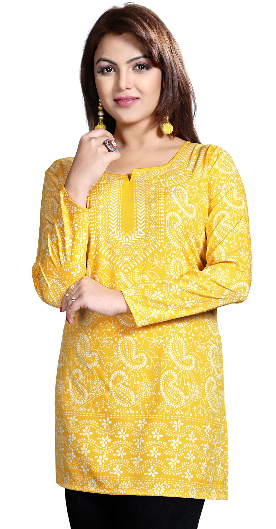 Maple Clothing Indian Kurti Top Tunic Printed Women's India Clothes (Yellow, 4XL)