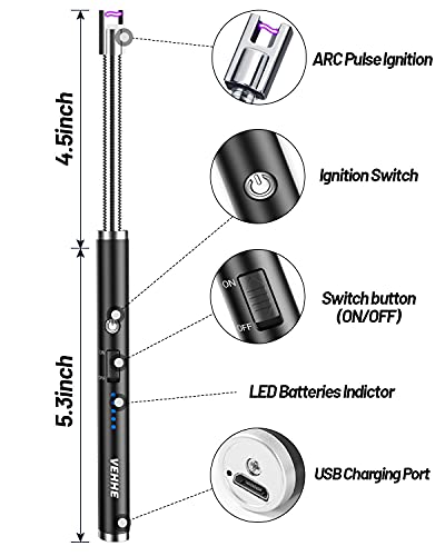 VEHHE Candle Lighter, Electric Rechargeable Arc Lighter with LED Battery Display Long Flexible Neck USB Lighter for Light Candles Gas Stoves Camping Barbecue