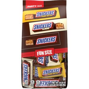 snickers original, peanut butter & almond fun size milk chocolate candy bars variety assortment, party size, 24.02 oz bulk bag