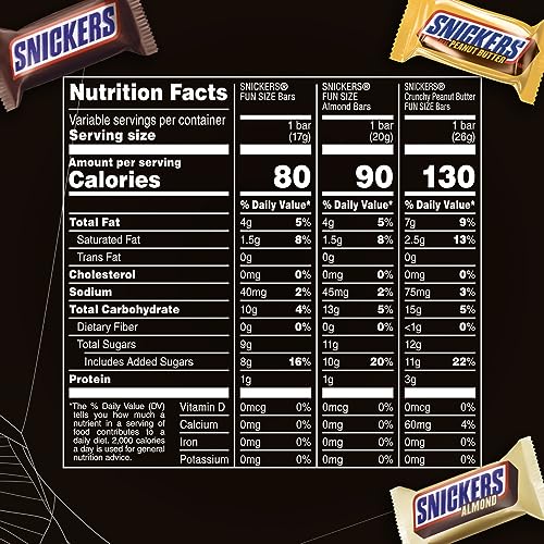 SNICKERS Original, Peanut Butter & Almond Fun Size Milk Chocolate Candy Bars Variety Assortment, Party Size, 24.02 Oz Bulk Bag