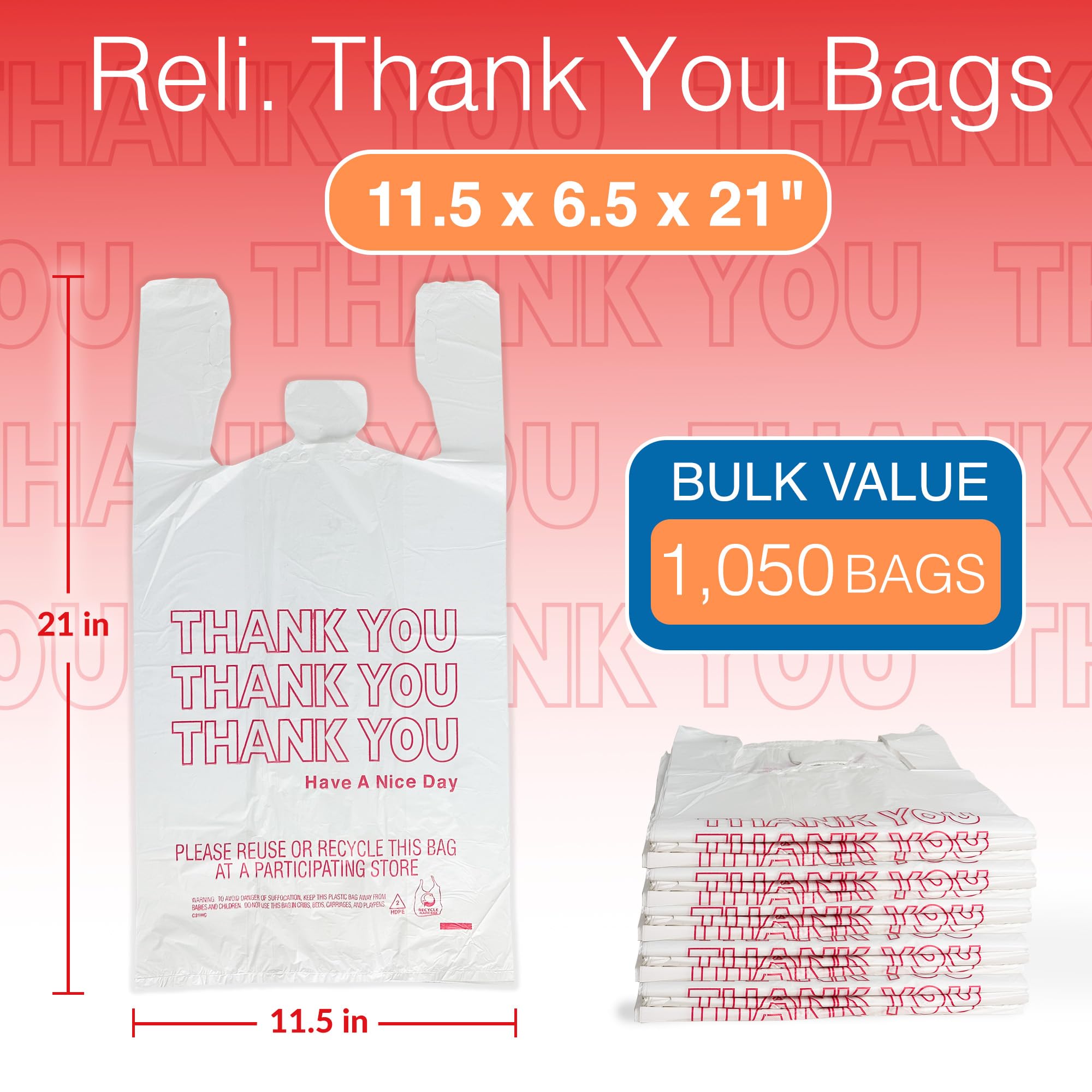 Reli. Plastic Bags Thank You (1050 Count) | White Grocery Bags, Plastic Shopping Bags with Handles