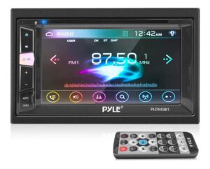 pyle double din dvd car stereo player bluetooth in-dash car stereo touch screen receiver w/ usb/sd, mp3, cd player, am fm radio, steering wheel feature, hands-free call, camera/speaker input - pyle