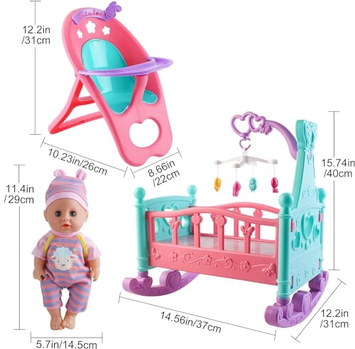 deAO 12” Baby Doll Play Set with Crib, Mobile, High Chair Feeding Accessories, Interactive Dolls for Girls Kids Pretend Play Baby Dolls 21 PCS