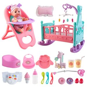 deao 12” baby doll play set with crib, mobile, high chair feeding accessories, interactive dolls for girls kids pretend play baby dolls 21 pcs