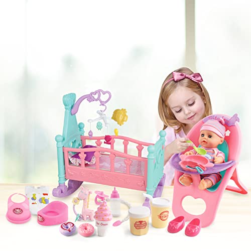 deAO 12” Baby Doll Play Set with Crib, Mobile, High Chair Feeding Accessories, Interactive Dolls for Girls Kids Pretend Play Baby Dolls 21 PCS