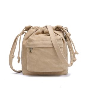 women small canvas purse crossbody bag ladies cute little drawstring bucket boho purses, tan