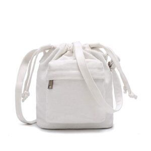 women small canvas purse crossbody bag ladies cute little drawstring bucket boho purses, white