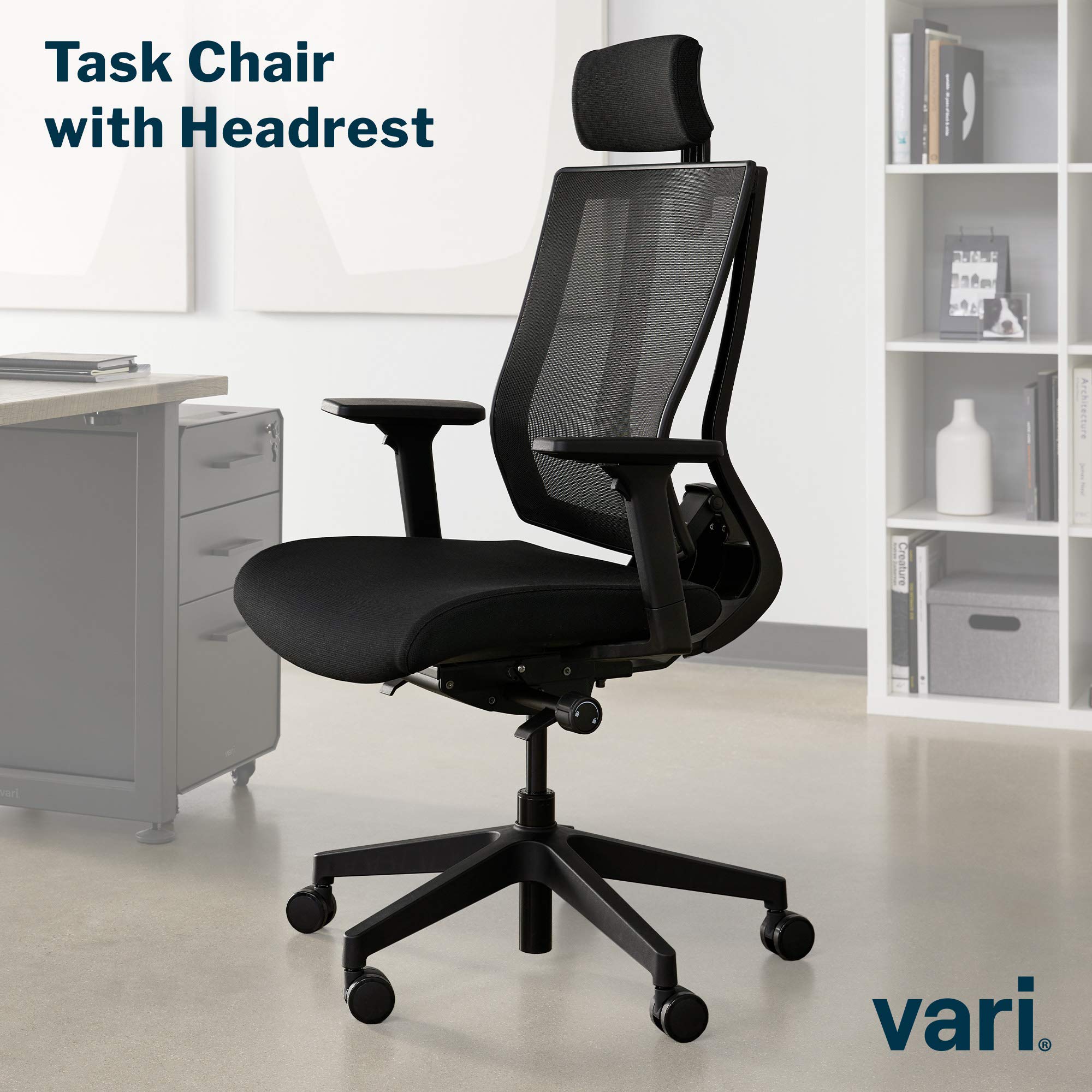 Vari Task Chair with Headrest (VariDesk) - Adjustable Height Computer Chair With Armrests & Casters - Breathable Mesh Desk Chair w/Maximum Lumbar Support - Easy Assembly Ergonomic Office Chair (Black)