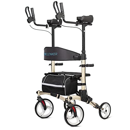 ELENKER Upright Walker, Stand Up Folding Rollator Walker with 10” Front Wheels Backrest Seat and Padded Armrests(Champagne)