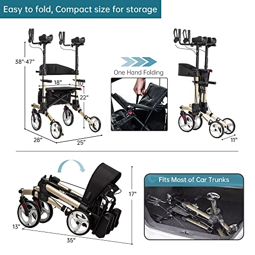 ELENKER Upright Walker, Stand Up Folding Rollator Walker with 10” Front Wheels Backrest Seat and Padded Armrests(Champagne)