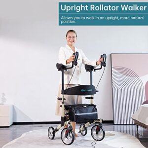 ELENKER Upright Walker, Stand Up Folding Rollator Walker with 10” Front Wheels Backrest Seat and Padded Armrests(Champagne)