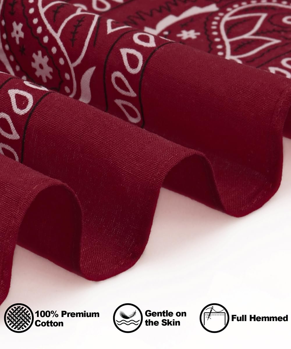 Bycc Bynn 3 Pack Pure Cotton Paisley Pattern Bandanas Square Scarf Headwear (Black + Burgundy + White)