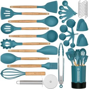 kitchen utensil set silicone cooking utensils -fungun 35 pcs kitchen utensils tools wooden handle spoons spatulas set cookware turner tongs whisk kitchen gadgets with holder