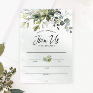 printed party fill-in invitations and envelopes, eucalyptus greenery, set of 25