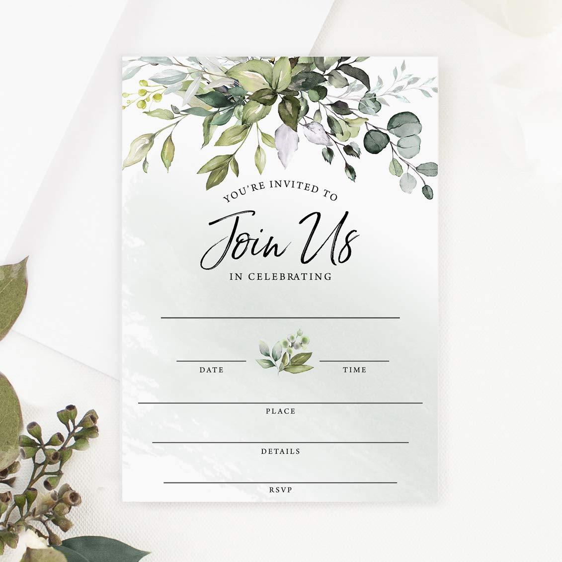 Printed Party Fill-in Invitations and Envelopes, Eucalyptus Greenery, Set of 25