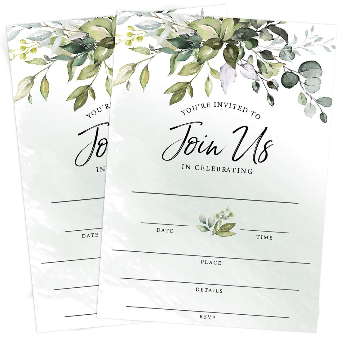 Printed Party Fill-in Invitations and Envelopes, Eucalyptus Greenery, Set of 25