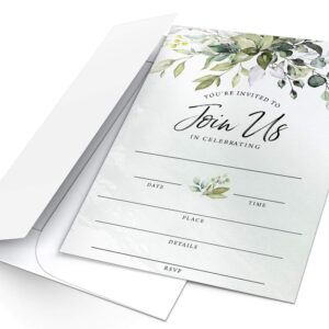 Printed Party Fill-in Invitations and Envelopes, Eucalyptus Greenery, Set of 25