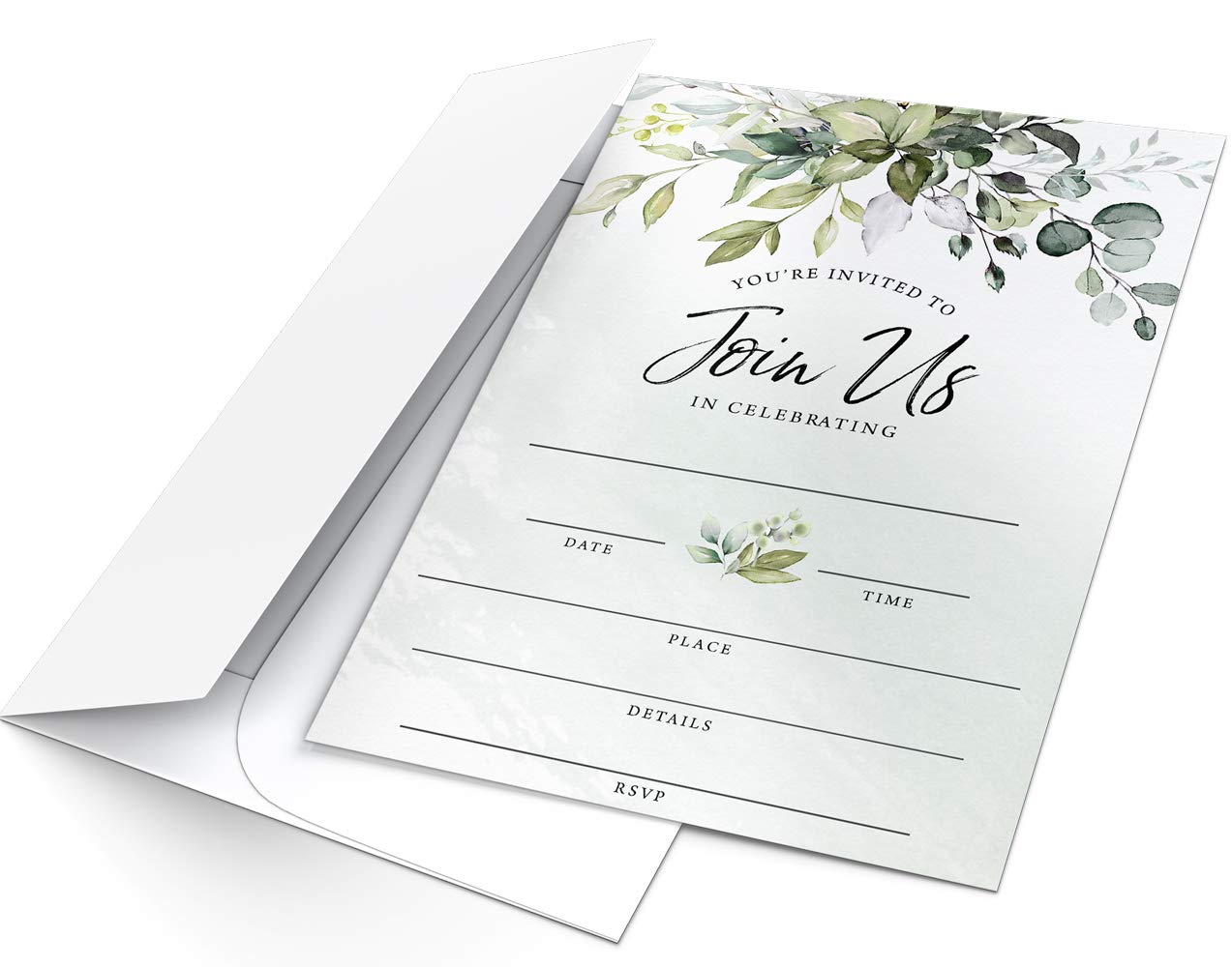 Printed Party Fill-in Invitations and Envelopes, Eucalyptus Greenery, Set of 25