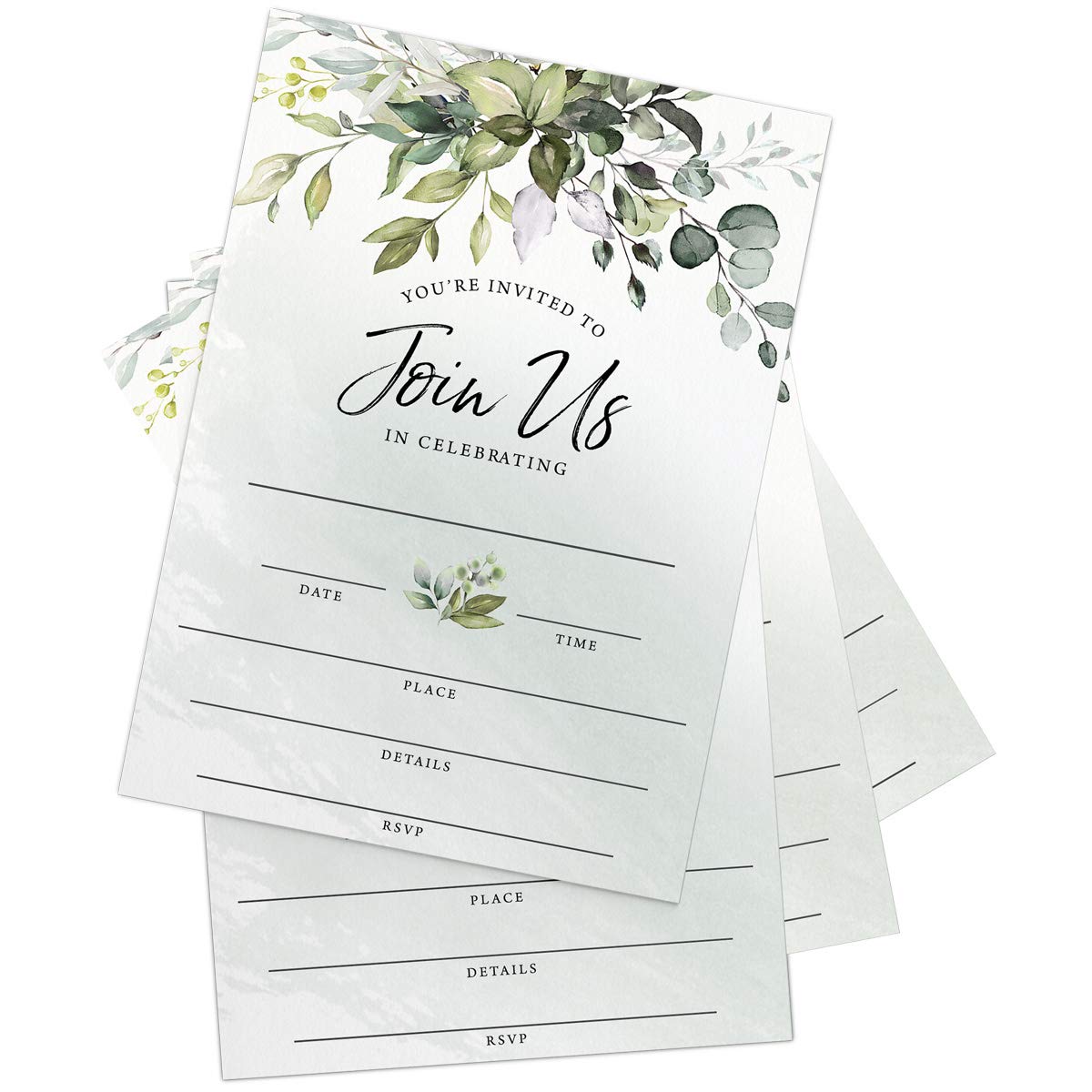 Printed Party Fill-in Invitations and Envelopes, Eucalyptus Greenery, Set of 25