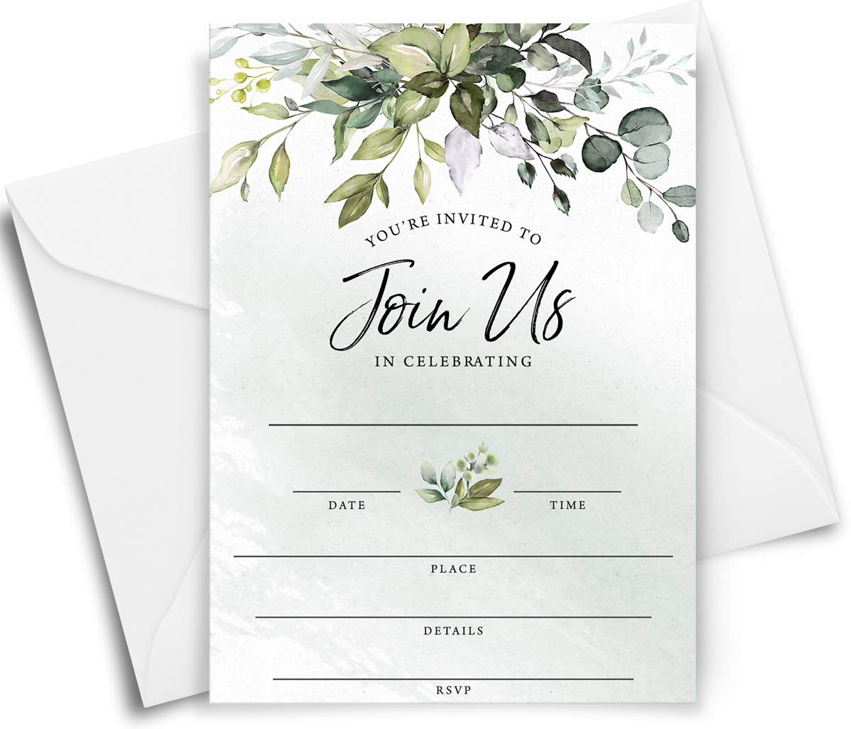 Printed Party Fill-in Invitations and Envelopes, Eucalyptus Greenery, Set of 25