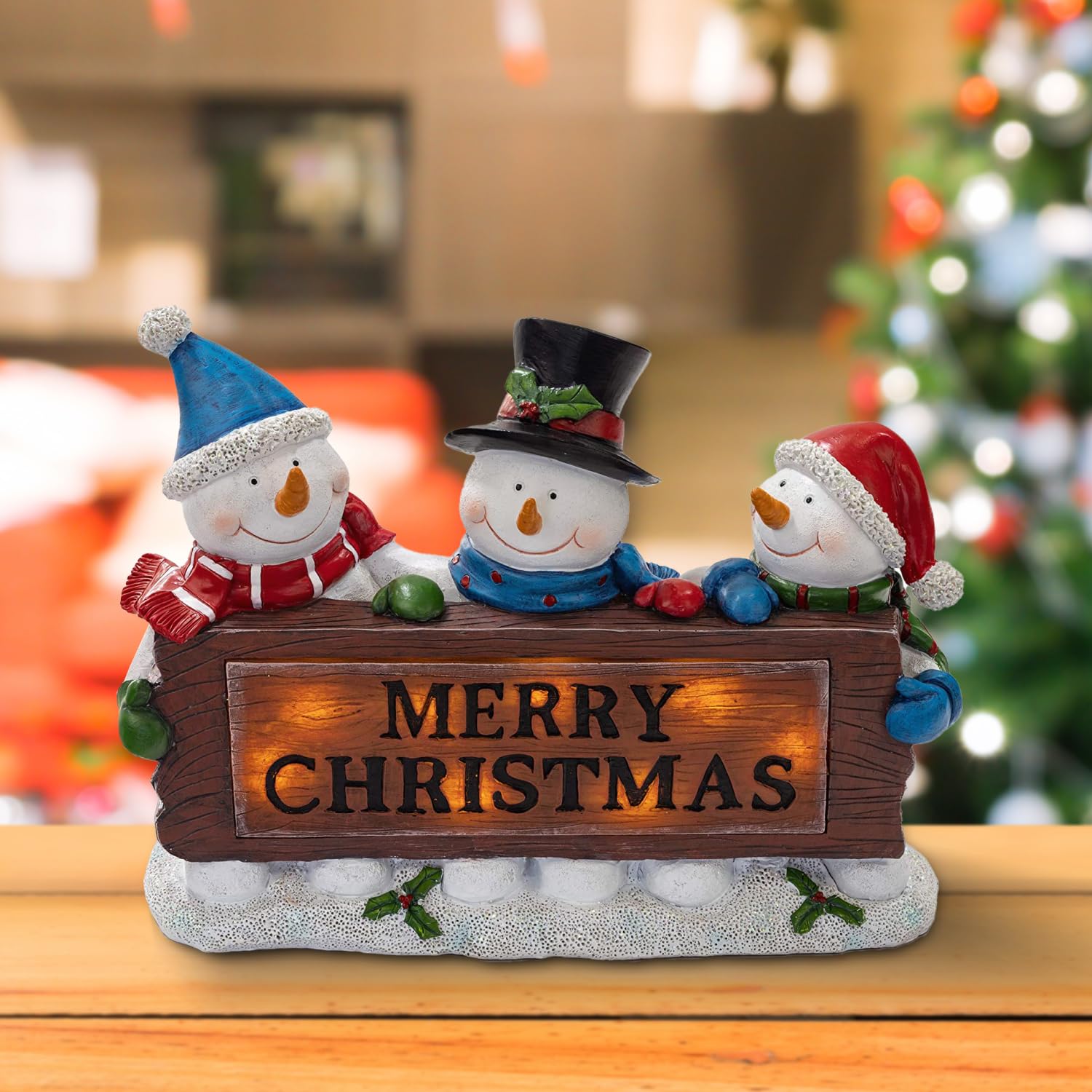 VP Home Christmas Snowman Decor Christmas Figurines Resin Snowman Lighted Decorations Indoor Glowing Merry Christmas Wood Trio LED Holiday Light Up Snowman Indoor Festive Fiber Optic Decorations