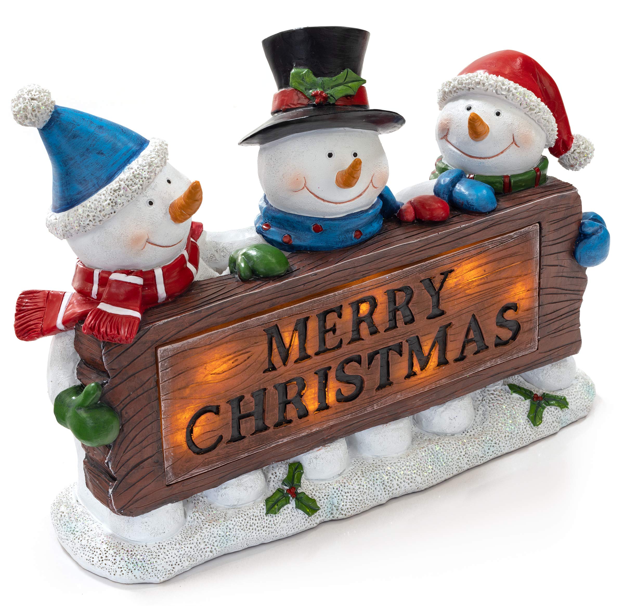 VP Home Christmas Snowman Decor Christmas Figurines Resin Snowman Lighted Decorations Indoor Glowing Merry Christmas Wood Trio LED Holiday Light Up Snowman Indoor Festive Fiber Optic Decorations