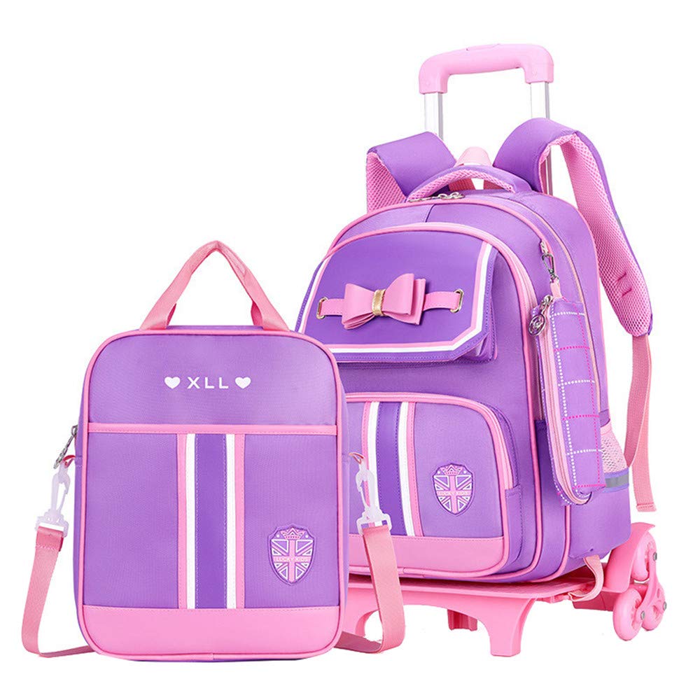 MITOWERMI Rolling Backpack for Girls Cute Trolley Bags Primary School Bookbags with Wheels Kids Carry-On Wheeled Backpack with Lunch Bag