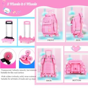 MITOWERMI Rolling Backpack for Girls Cute Trolley Bags Primary School Bookbags with Wheels Kids Carry-On Wheeled Backpack with Lunch Bag