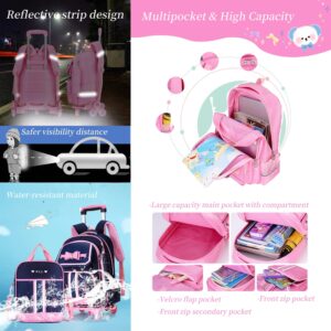 MITOWERMI Rolling Backpack for Girls Cute Trolley Bags Primary School Bookbags with Wheels Kids Carry-On Wheeled Backpack with Lunch Bag