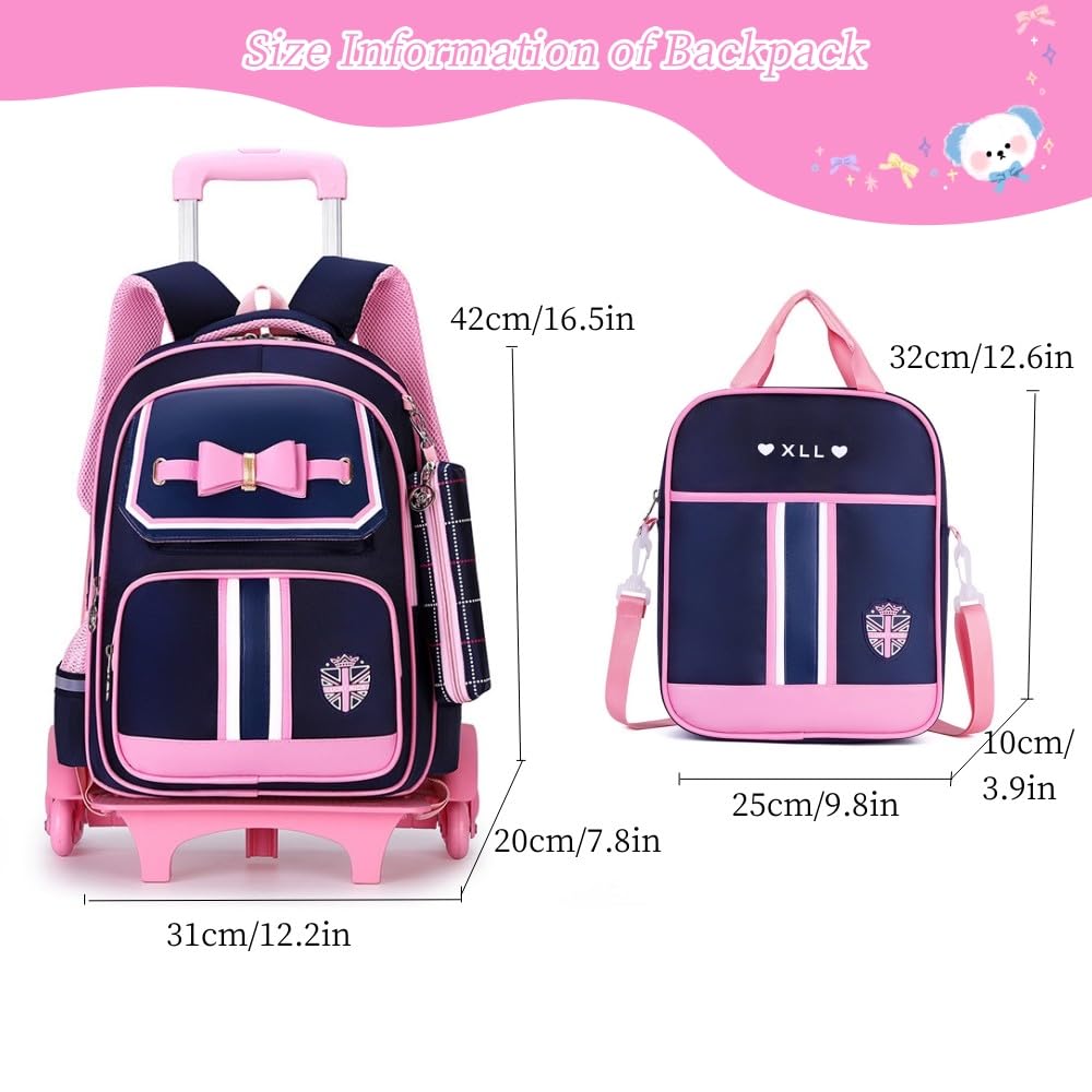 MITOWERMI Rolling Backpack for Girls Cute Trolley Bags Primary School Bookbags with Wheels Kids Carry-On Wheeled Backpack with Lunch Bag