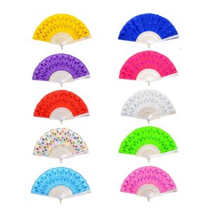 qiseqiro 10 pcs colorful fabric peacock pattern folding hand fan spanish folding hand fan handheld fans for wedding gifts dancing party decoration