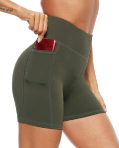 afitne yoga shorts for women with pockets high waisted workout athletic running shorts biker spandex gym fitness tights leggings army green - l