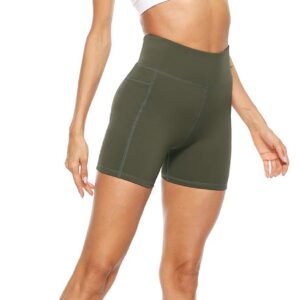 AFITNE Yoga Shorts for Women with Pockets High Waisted Workout Athletic Running Shorts Biker Spandex Gym Fitness Tights Leggings Army Green - L