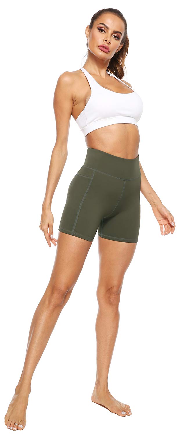 AFITNE Yoga Shorts for Women with Pockets High Waisted Workout Athletic Running Shorts Biker Spandex Gym Fitness Tights Leggings Army Green - L