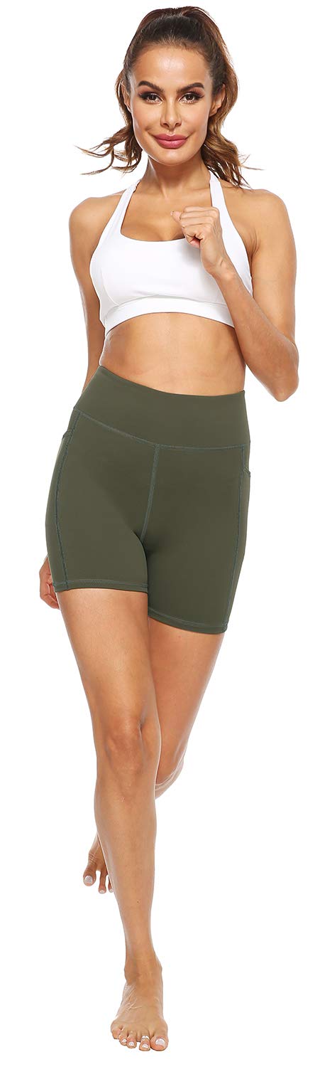 AFITNE Yoga Shorts for Women with Pockets High Waisted Workout Athletic Running Shorts Biker Spandex Gym Fitness Tights Leggings Army Green - L