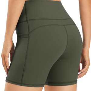 AFITNE Yoga Shorts for Women with Pockets High Waisted Workout Athletic Running Shorts Biker Spandex Gym Fitness Tights Leggings Army Green - L