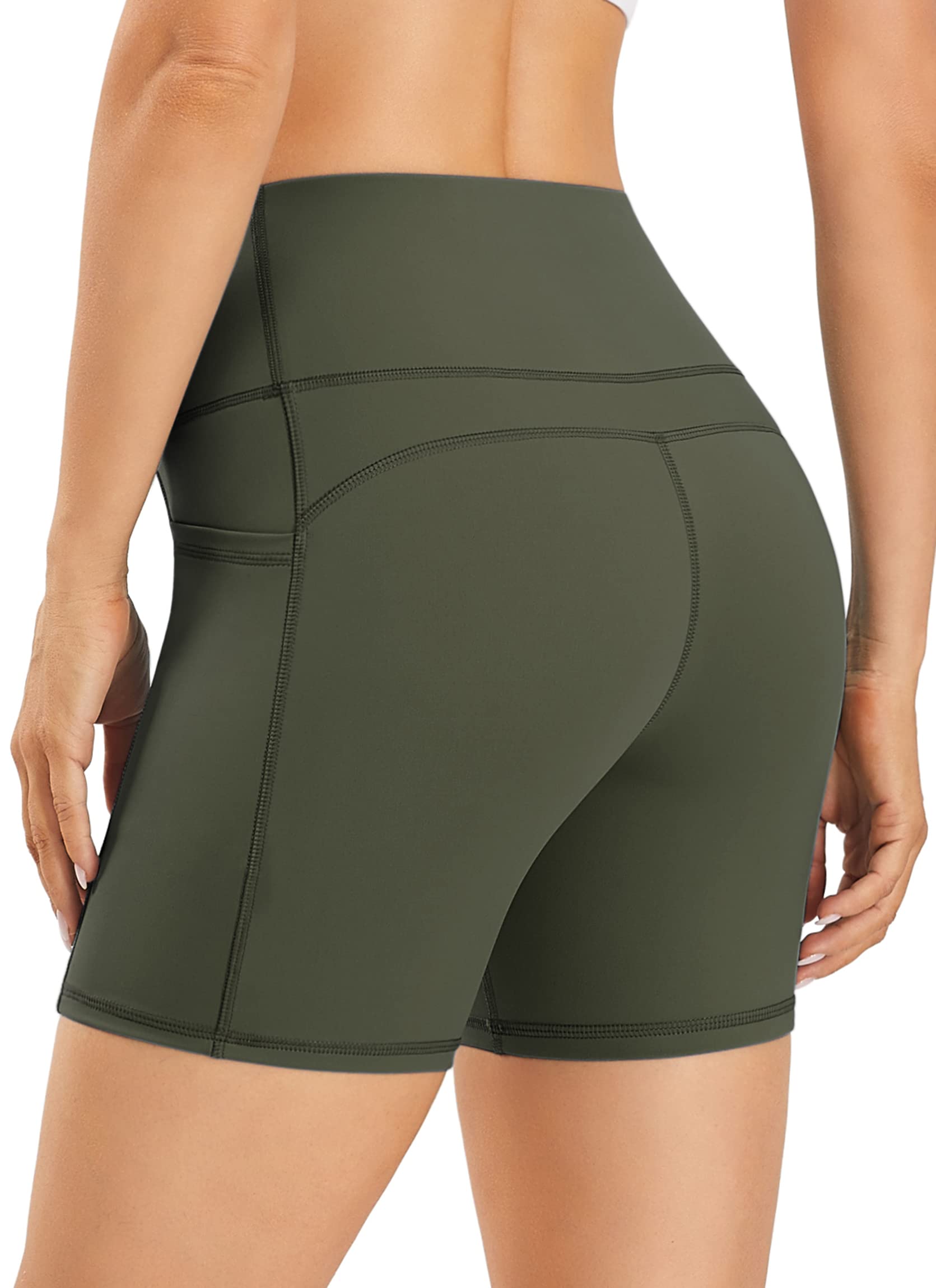 AFITNE Yoga Shorts for Women with Pockets High Waisted Workout Athletic Running Shorts Biker Spandex Gym Fitness Tights Leggings Army Green - L