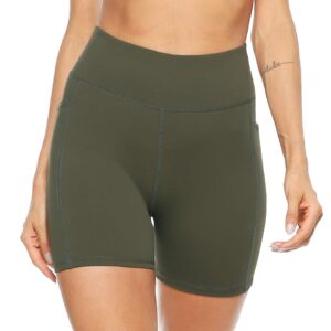 AFITNE Yoga Shorts for Women with Pockets High Waisted Workout Athletic Running Shorts Biker Spandex Gym Fitness Tights Leggings Army Green - L