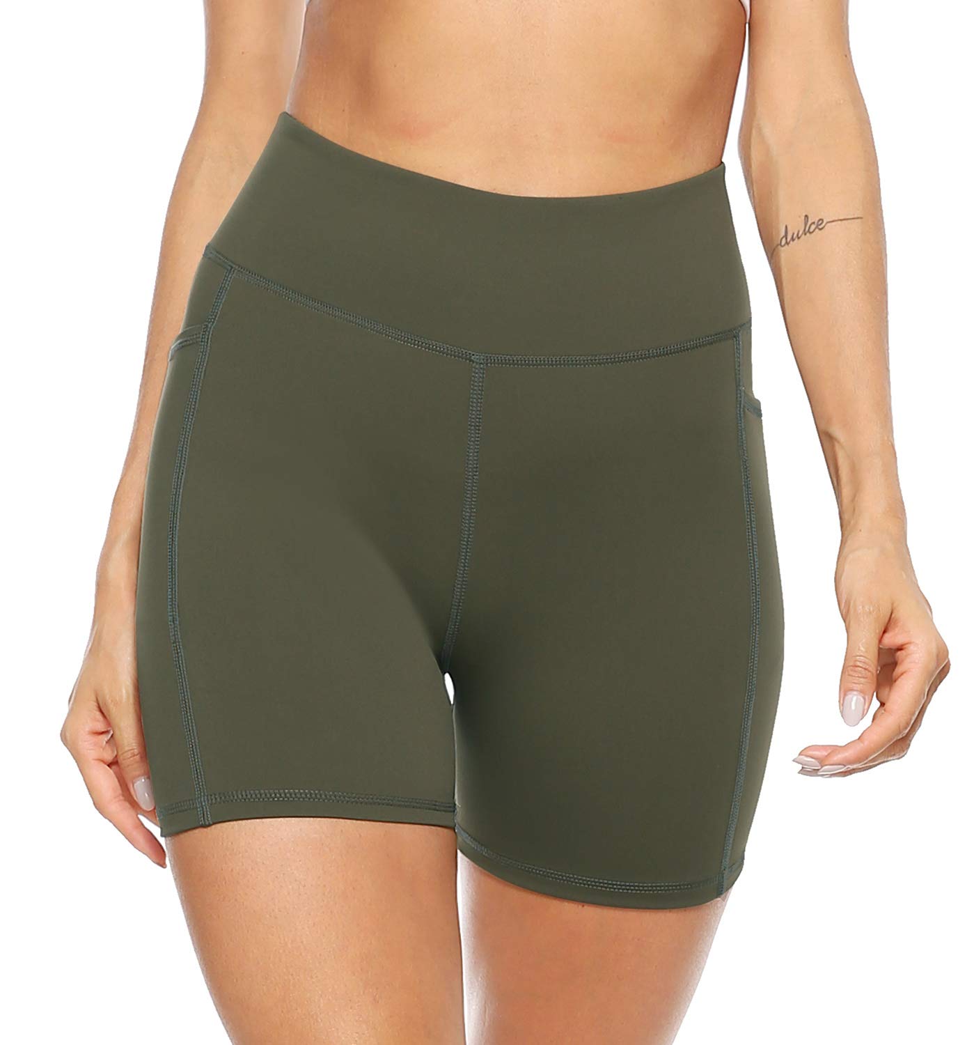 AFITNE Yoga Shorts for Women with Pockets High Waisted Workout Athletic Running Shorts Biker Spandex Gym Fitness Tights Leggings Army Green - L