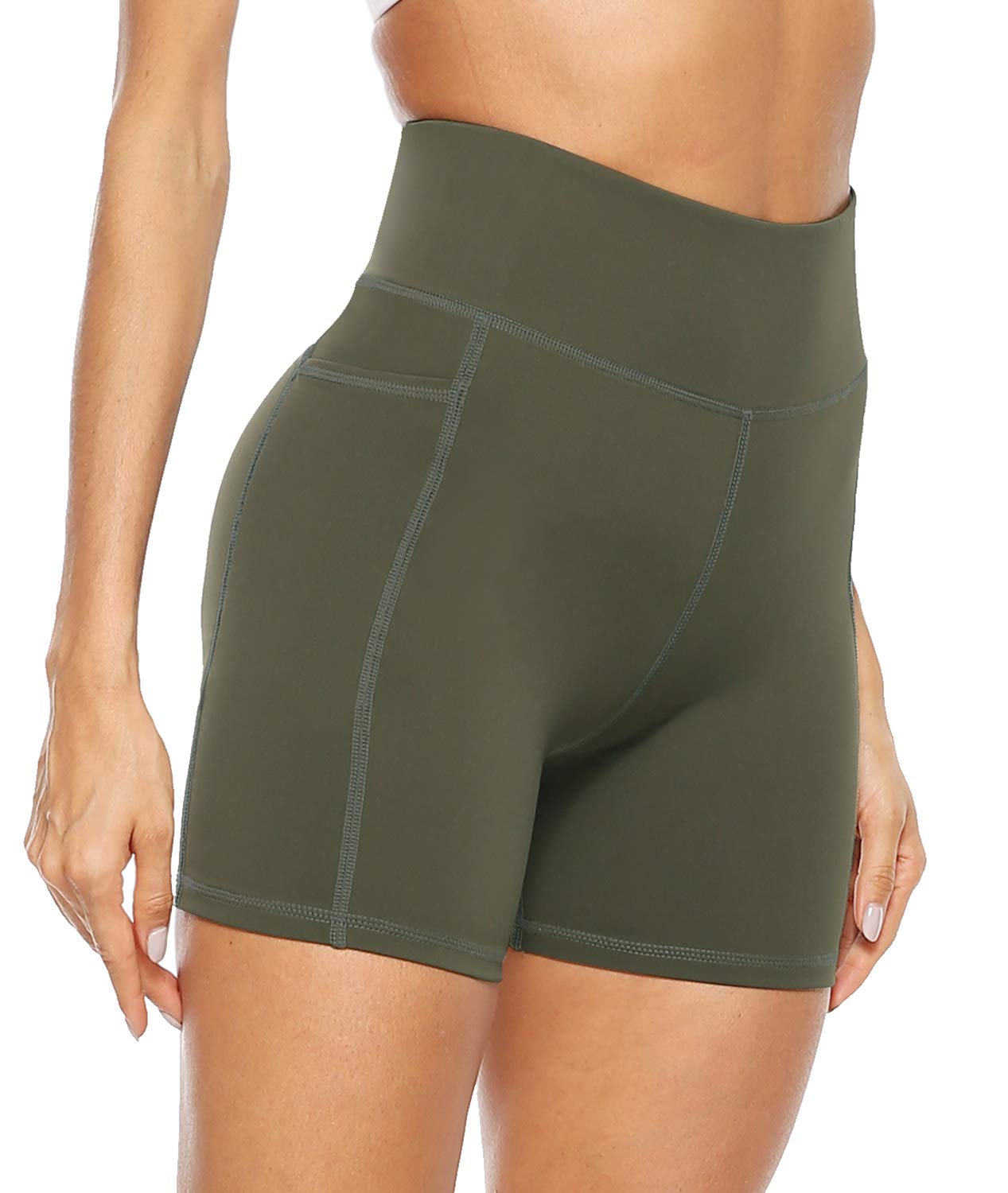 AFITNE Yoga Shorts for Women with Pockets High Waisted Workout Athletic Running Shorts Biker Spandex Gym Fitness Tights Leggings Army Green - L