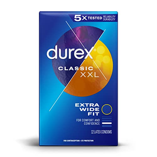 Durex Condom XXL Longer & Wider Natural Latex Condoms, Extra Wide Fit, 12 Count - Ultra Fine & Lubricated (Packaging May Vary)