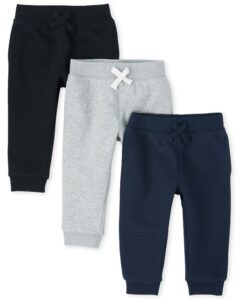 the children's place baby boys and toddler active fleece jogger pants, black/smoke gray/new navy 3 pack, 4t us