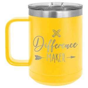 differenece maker yellow 15 oz coffee cup w/slide top lid | insulated travel coffee mug | birthday or christmas gift ideas from women or men | compare to yeti rambler | onlygifts.com