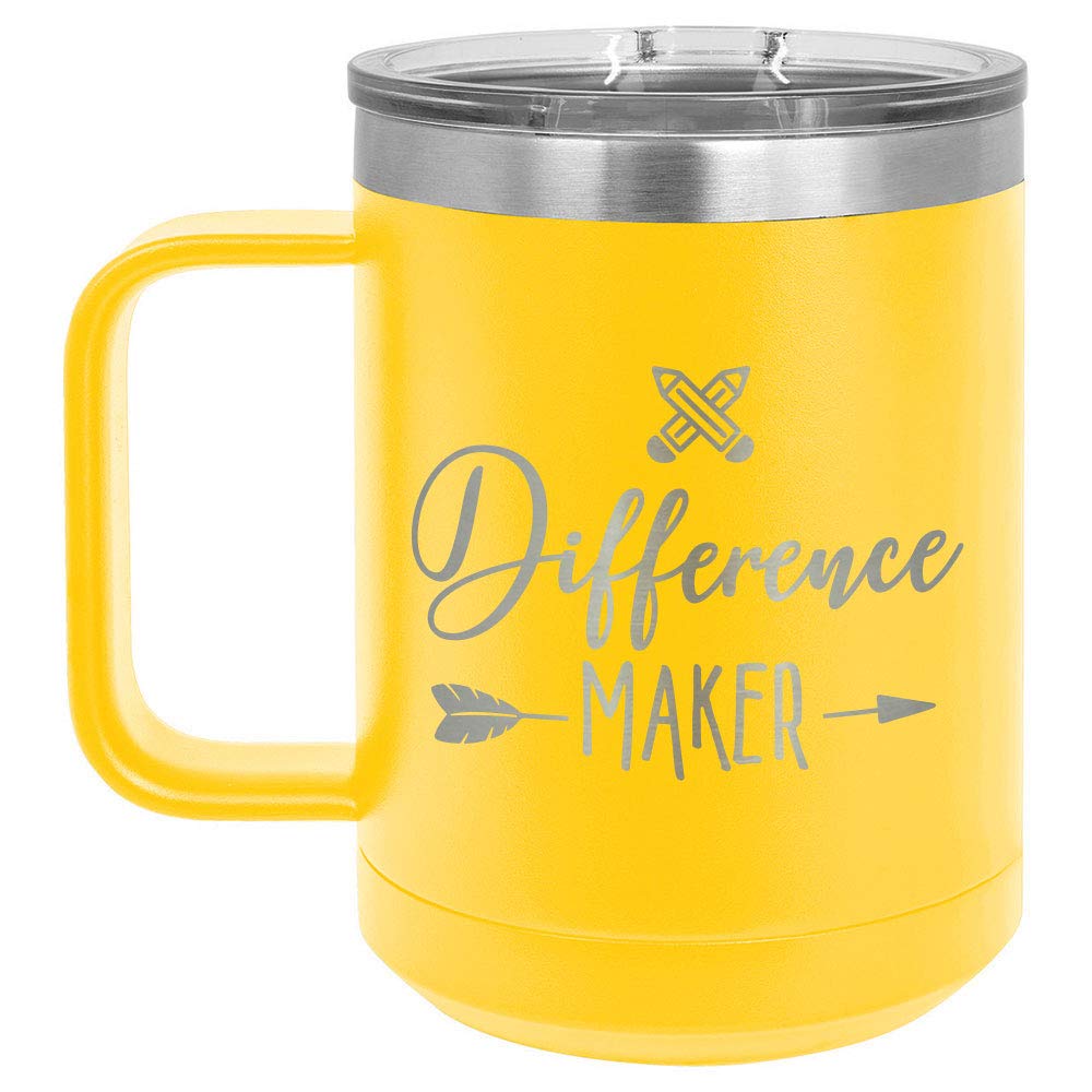 DIFFERENECE MAKER Yellow 15 oz Coffee Cup w/Slide Top Lid | Insulated Travel Coffee Mug | Birthday Or Christmas Gift Ideas From Women or Men | Compare To Yeti Rambler | ONLYGIFTS.COM