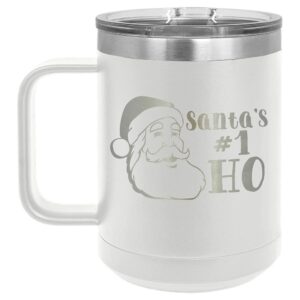 santas #1 ho white 15 oz coffee cup w/slide top lid | insulated travel coffee mug | fun christmas designs and gift ideas from women or men | compare to yeti rambler | onlygifts.com