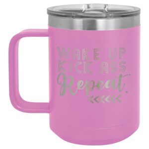 wake up kick ass repeat light pink 15 oz coffee cup w/slide top lid | insulated travel coffee mug | birthday or christmas gift ideas from women or men | compare to yeti rambler | onlygifts.com