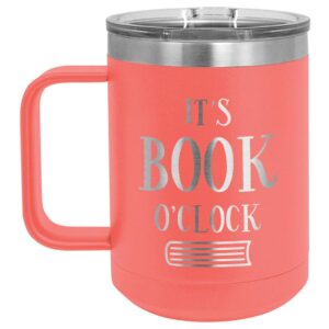 it's book o'clock coral 15 oz coffee cup w/slide top lid | insulated travel coffee mug | birthday or christmas gift ideas from women or men | compare to yeti rambler | onlygifts.com