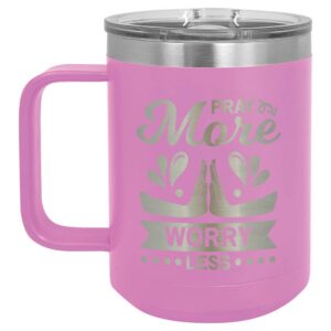 pray more worry less light pink 15 oz coffee cup w/slide top lid | insulated travel coffee mug | unique gift ideas from women or men | compare price to yeti rambler