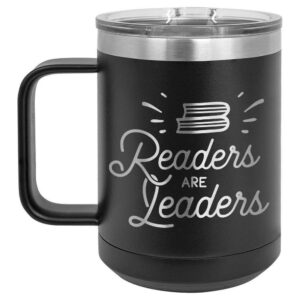 readers are leaders black 15 oz coffee cup w/slide top lid | insulated travel coffee mug | birthday or christmas gift ideas from women or men | compare to yeti rambler | onlygifts.com